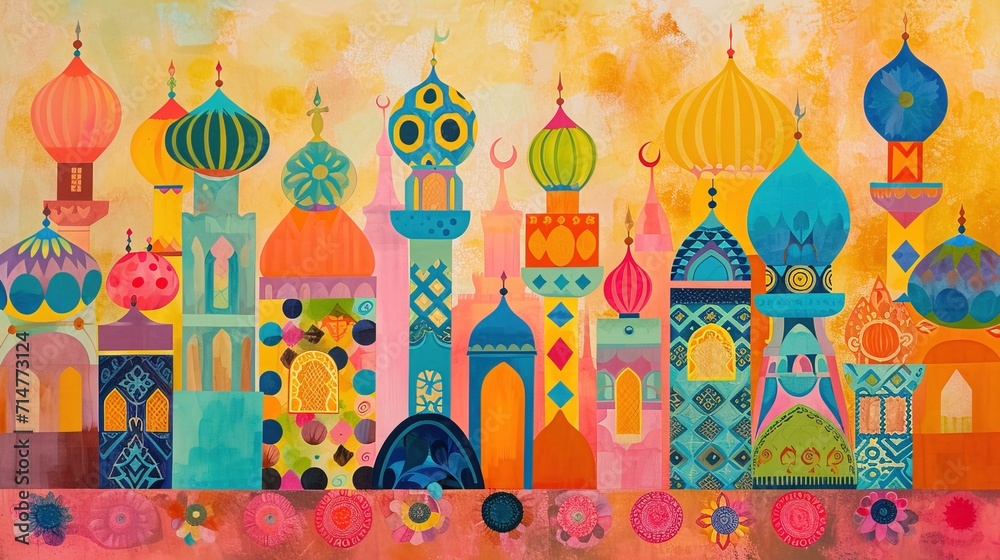 Folk Art Illustration portraying a arabic mosque scene in vibrant ...