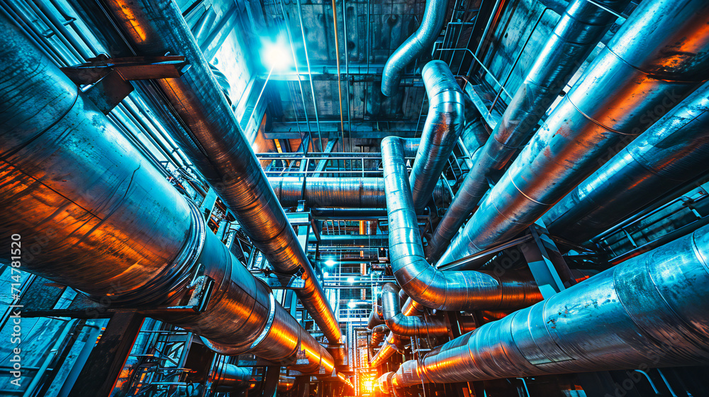 Industrial pipeline system with valves and barrels, representing ...