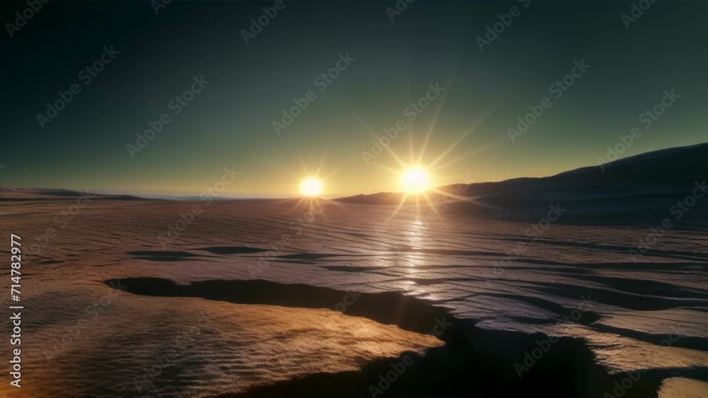 A planetary landscape depicting two suns rising over a desolate terrain ...