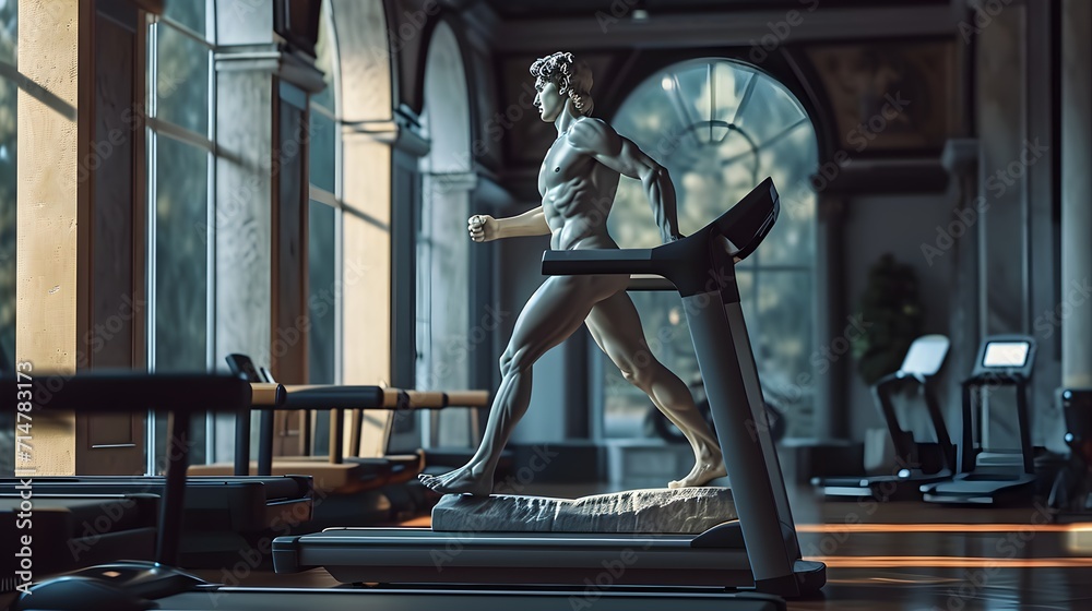 Stone statue of an ancient Greek God workout in gym, running on a ...