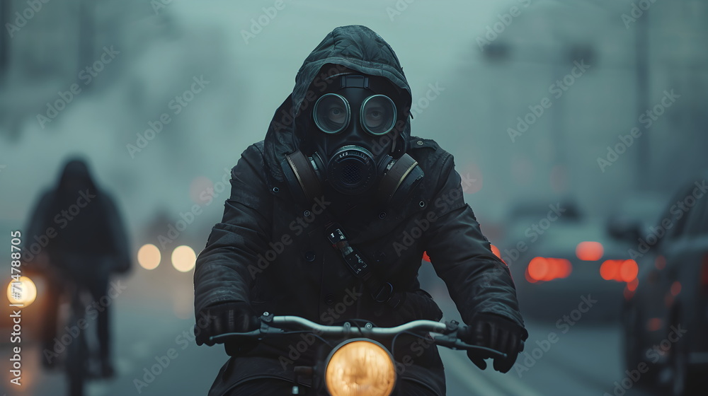 Man on a motorcycle wears gas mask in a smoke-filled city. It conveys ...