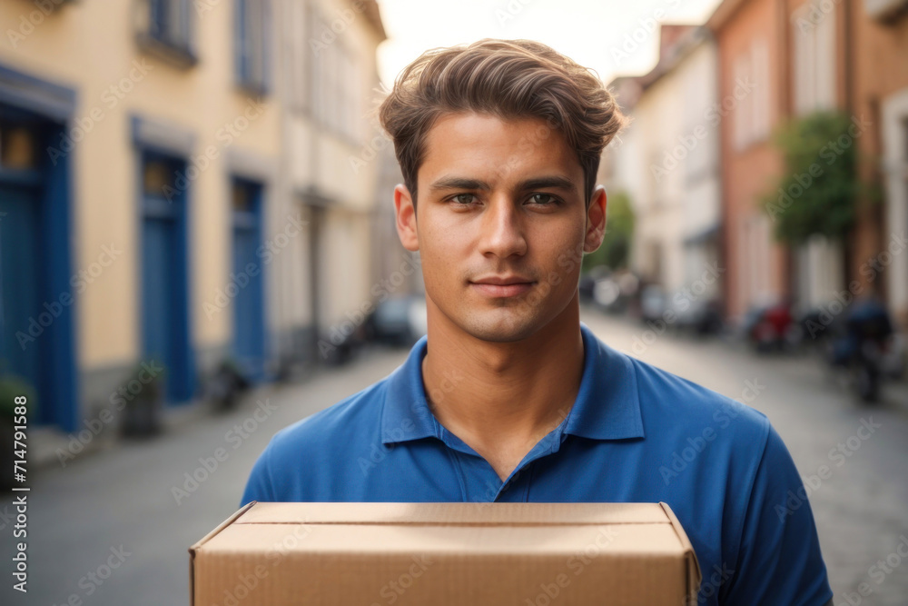 Handsome young postman in blue uniform hold cardboard box, blurred city ...