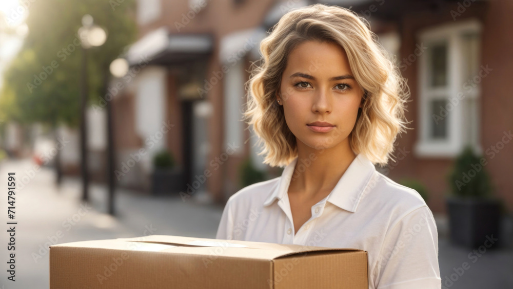 Beautiful postwoman face portrait. Delivery service person at work ...