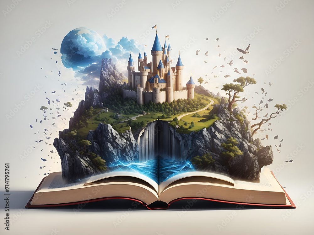 Open book with a fantasy world popping out. A castle illustration over ...