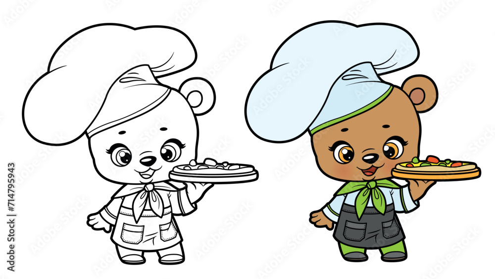 Cute cartoon baby bear dressed as a chef and with pizza color and ...
