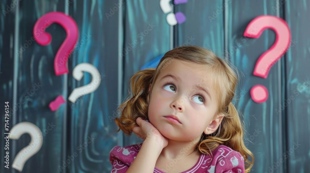 beautiful cute little thinking girl looking at question marks on a gray ...