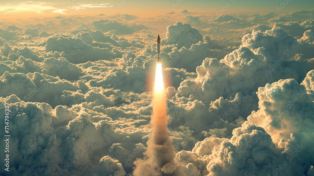A vivid portrayal of a missile attack, showing a combat rocket in ...