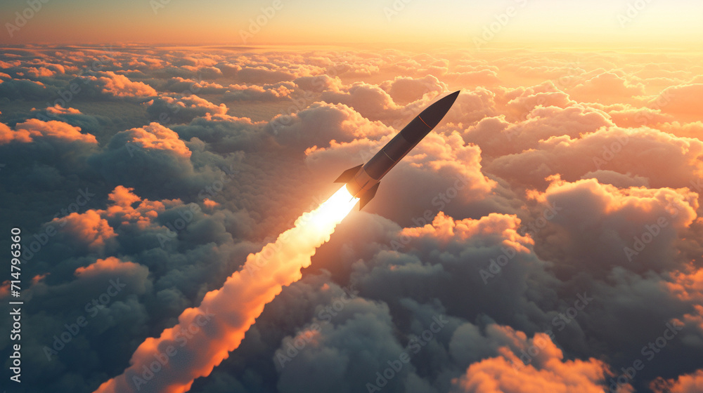 A vivid portrayal of a missile attack, showing a combat rocket in ...