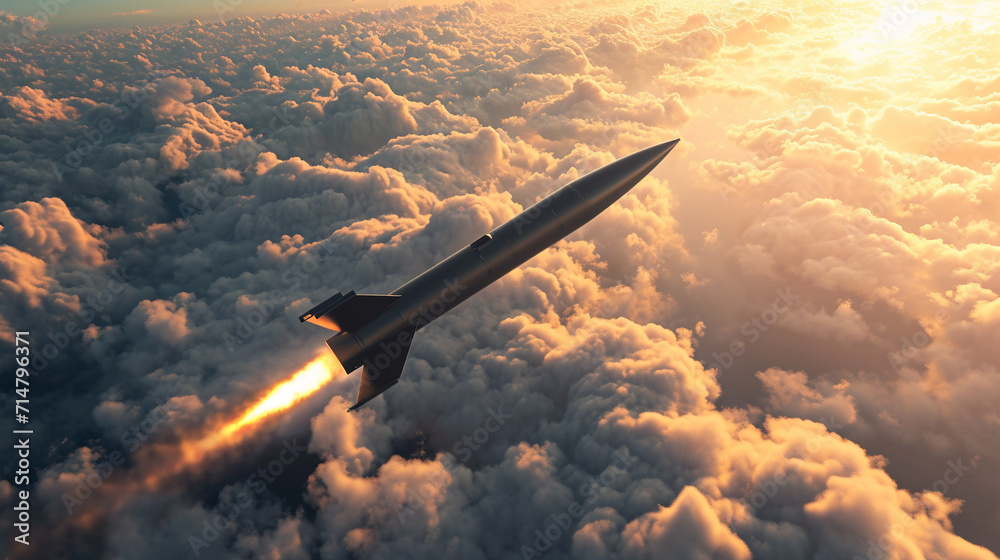 Foto de A vivid portrayal of a missile attack, showing a combat rocket ...