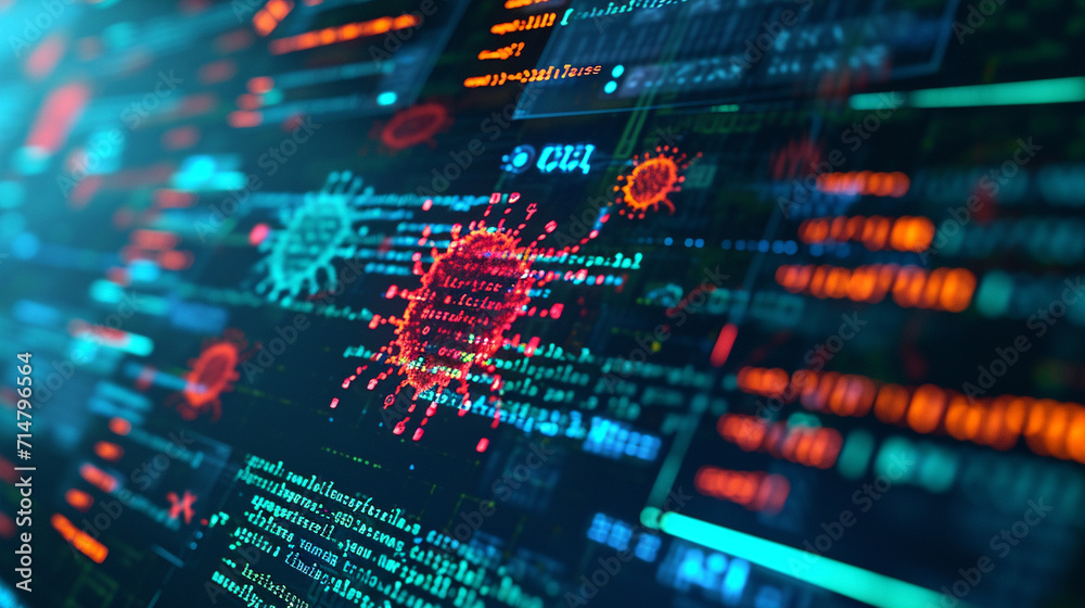 A hacker's workstation in a dimly lit room, a computer screen with ...