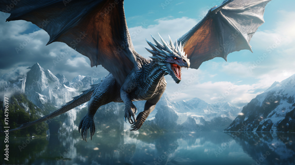 In a mystical scene, fantasy dragons soar over a body of water. This ...