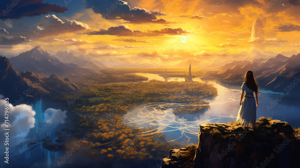 In a blue and yellow landscape, a fantasy girl emerges, creating a ...