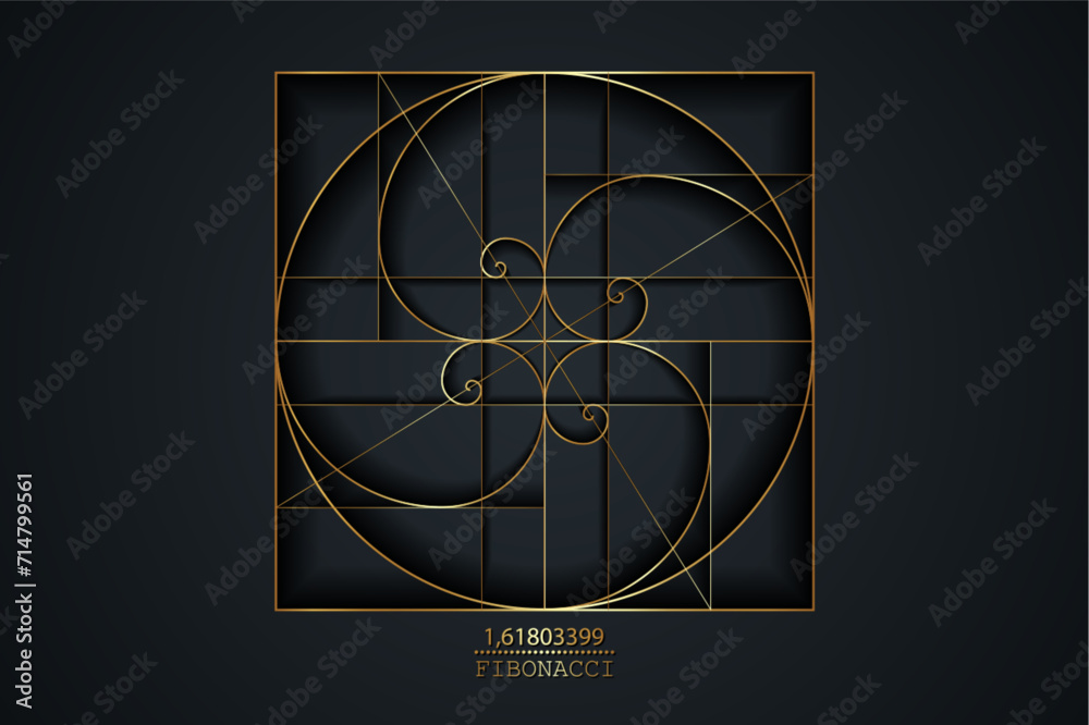 Fibonacci Sequence Spirals. Golden ratio. Gold Geometric shapes spiral ...