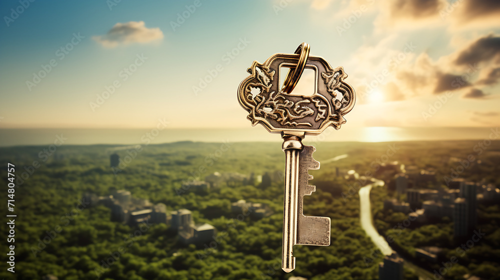 Fantasy Key, a Key in a keyhole with sun ray on the sky background, A ...