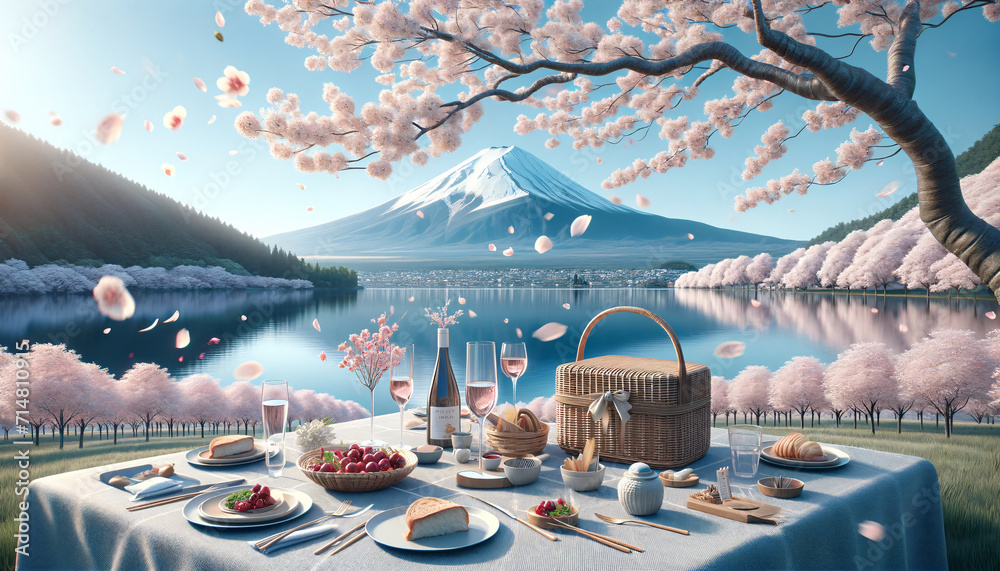 Elegant picnic by Lake Fuji with sakura petals dancing in the breeze, a ...