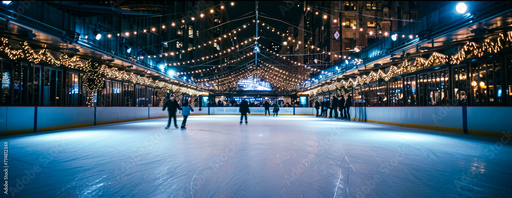 Ice rink background with decoration, lights, lanterns. Ice skating at ...