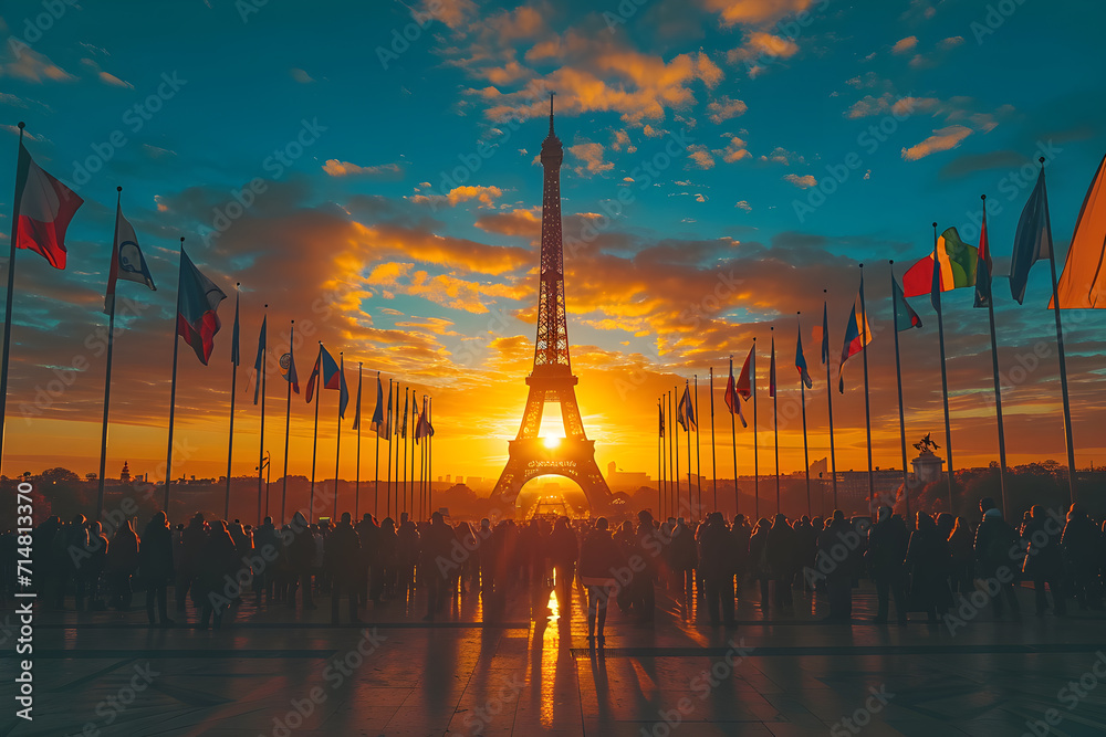 International Flags Line Paris Street for 2024 Olympics. Stock Photo ...