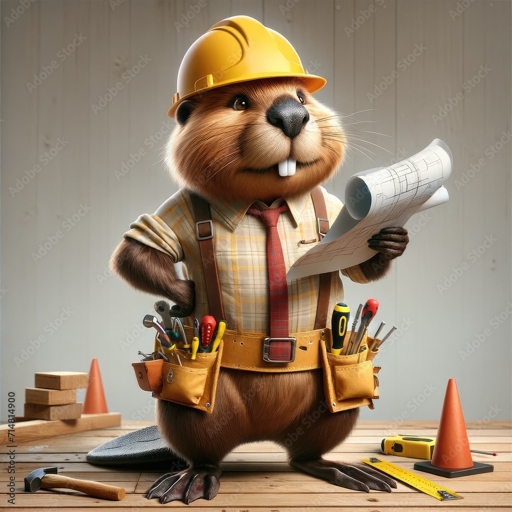 A detailed cartoon beaver dressed as an architect, complete with a ...