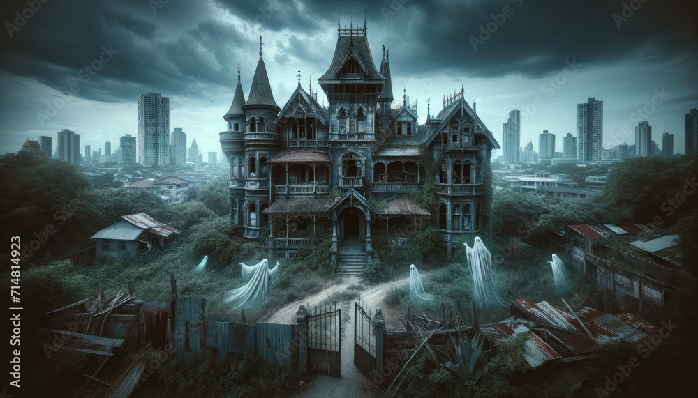 Ghostly apparitions hover near a dilapidated Victorian mansion ...