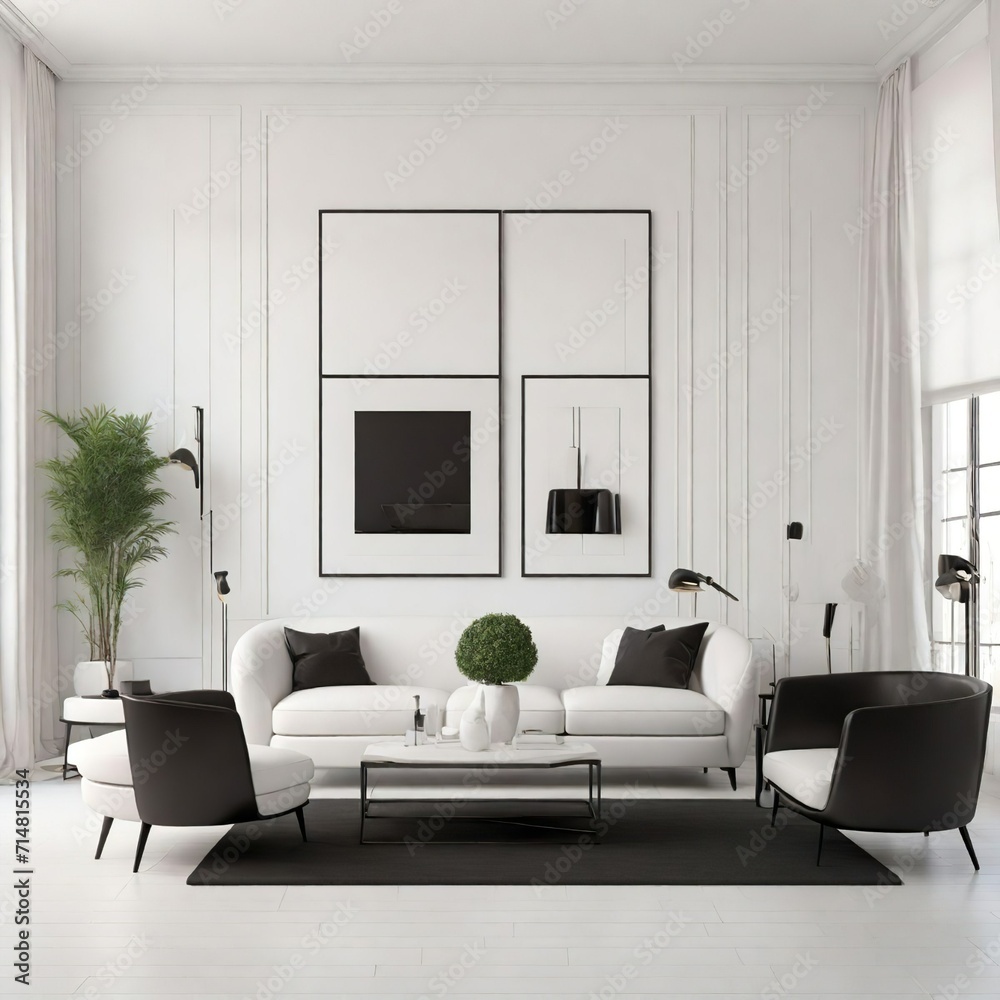 A completely white mock-up in a black frame in a classic white interior ...