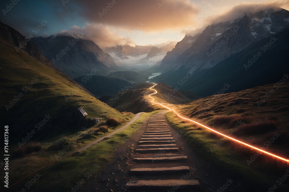 Path to success concept, with a glowing light path going up the ...