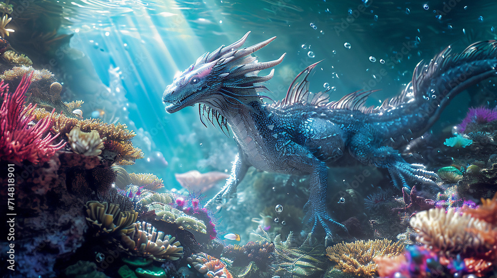 underwater dragon in a coral reef, detailed underwater scenery ...