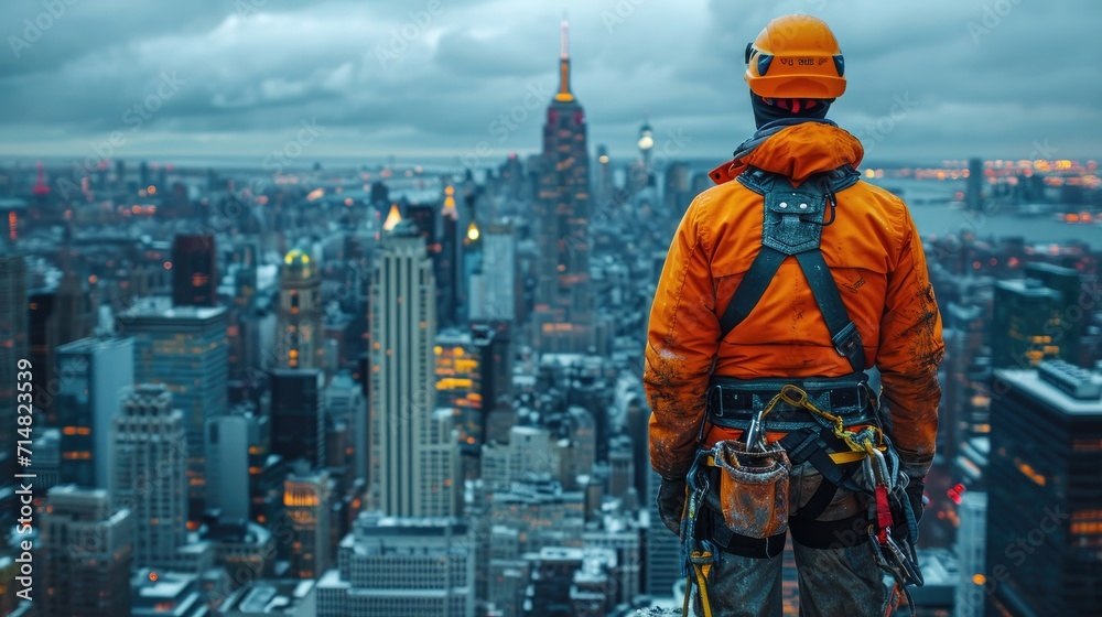 A Construction Worker on a High-Rise Building Scaffold, Secured with ...