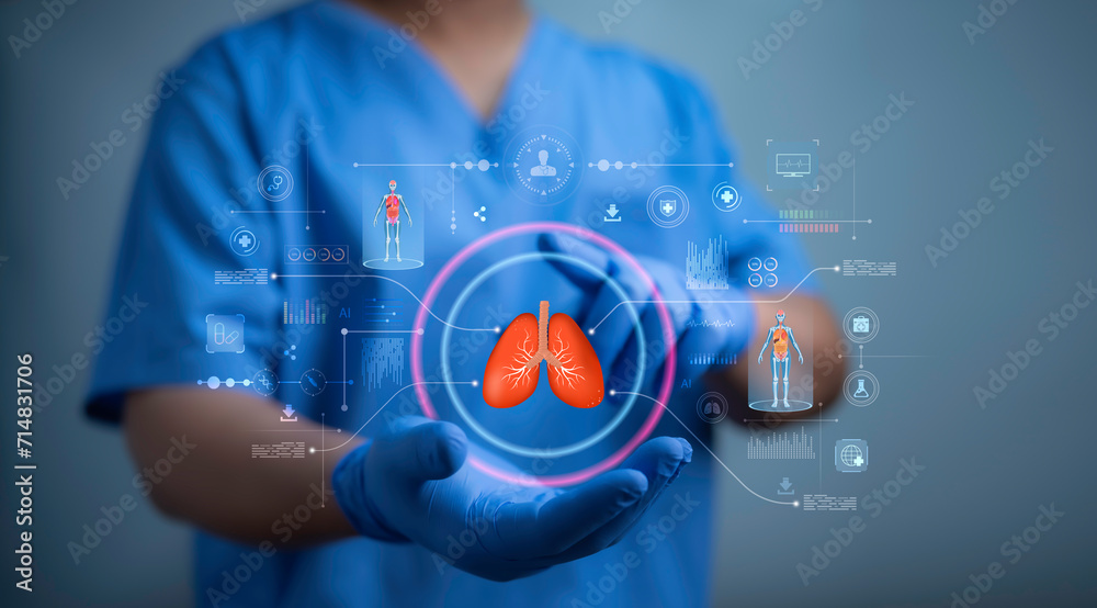 A medical worker touch virtual Holograms Lung organ human.HUD interface ...