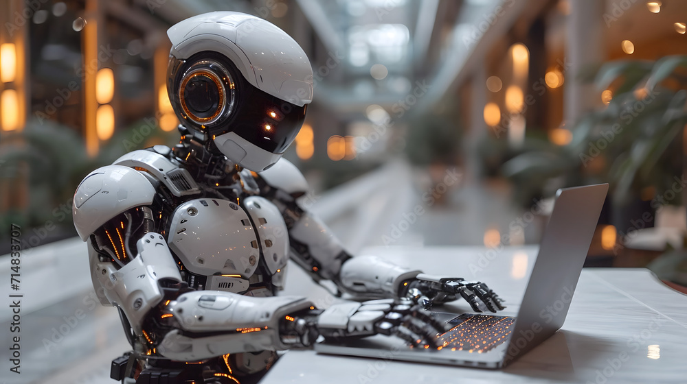 A robot sits at a desk in an office and types on a laptop Stock Photo ...