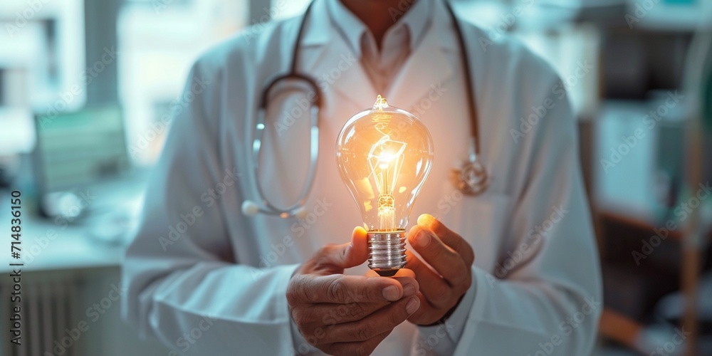 Doctor man in white coat and stethoscope holding light bulb.The concept ...