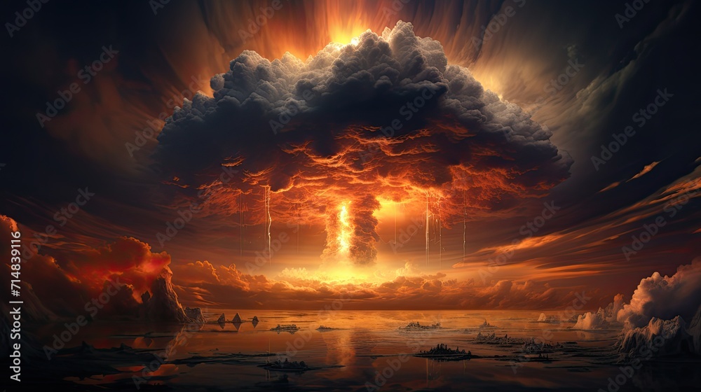 An intense depiction of a futuristic nuclear explosion against a dark ...