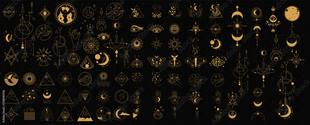 Collection of celestial and occult vector icons featuring moons, stars ...