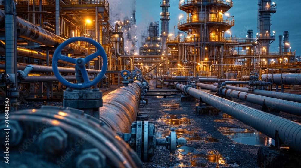 Illuminated industrial refinery with pipes and distillation towers at ...