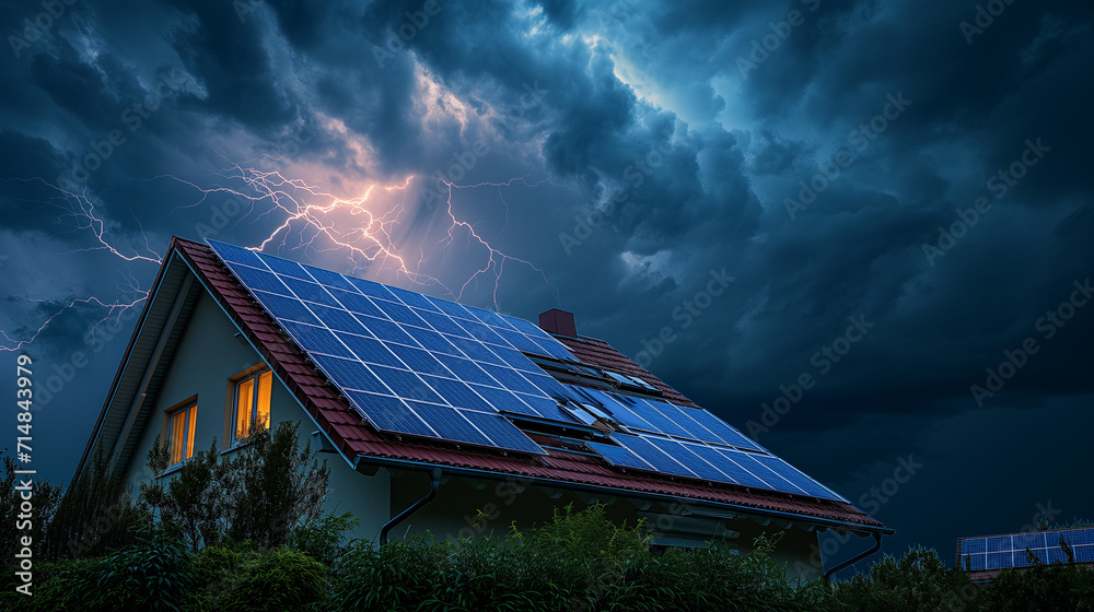 Residential house equipped with solar panels for renewable energy in a ...