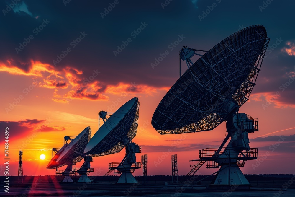 Global connectivity provided by satellite dish array for digital infrastructure. Stock Photo ...