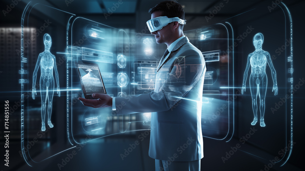 Doctor uses VR glasses to view holograms. Health care information ...