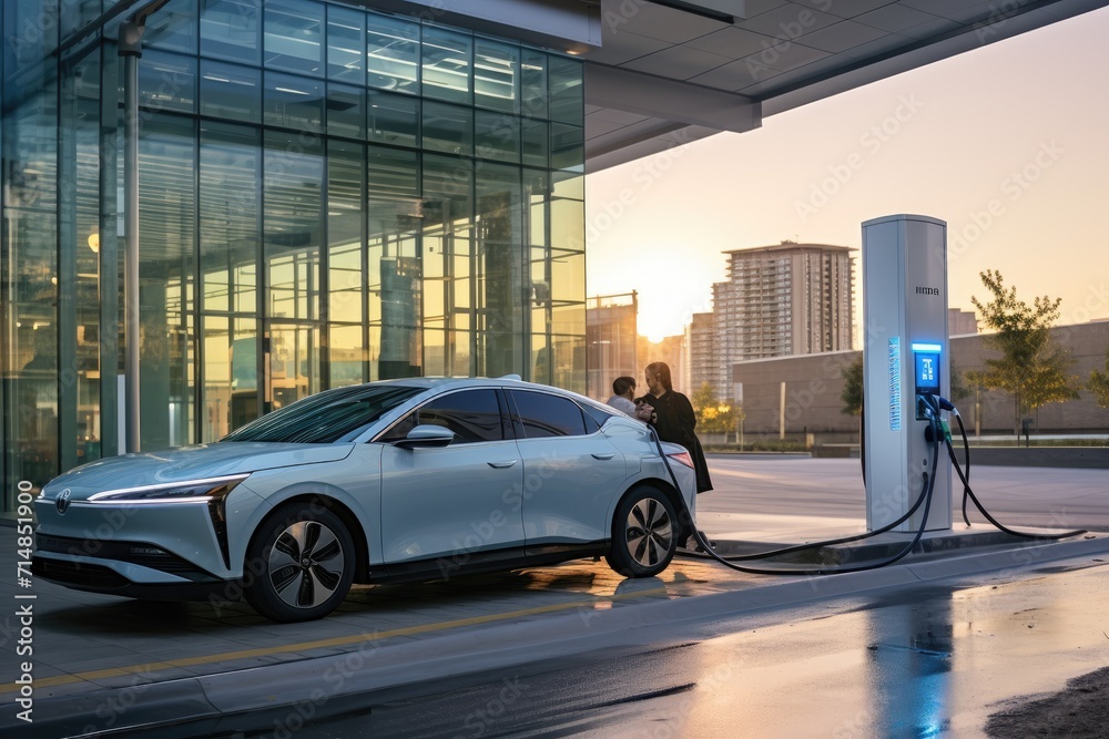 Modern vehicle refueling at a hydrogen fuel station. Renewable energy ...