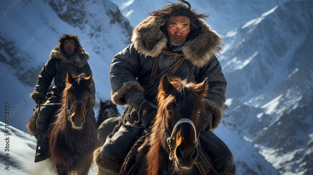Two rugged nomadic riders on horseback traverse a snowy mountain pass ...