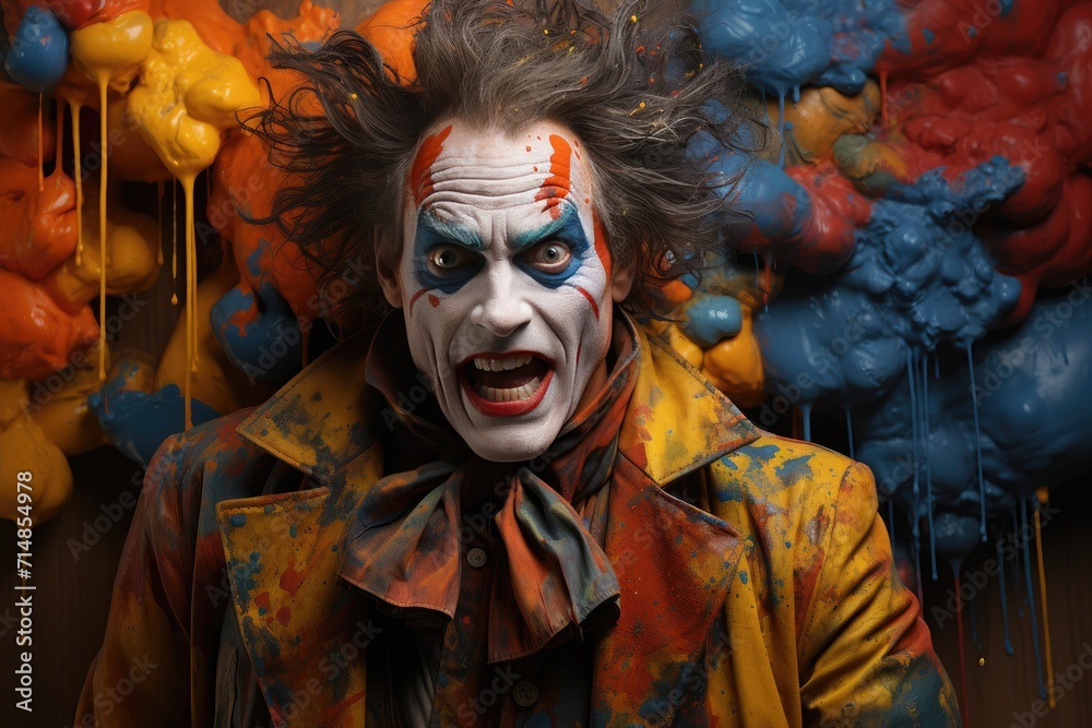 A haunting portrait of a human transformed into a terrifying clown, his ...