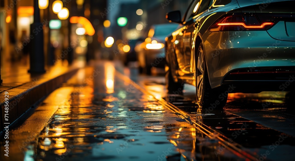 A sleek car sits motionless on the glistening city street, its ...