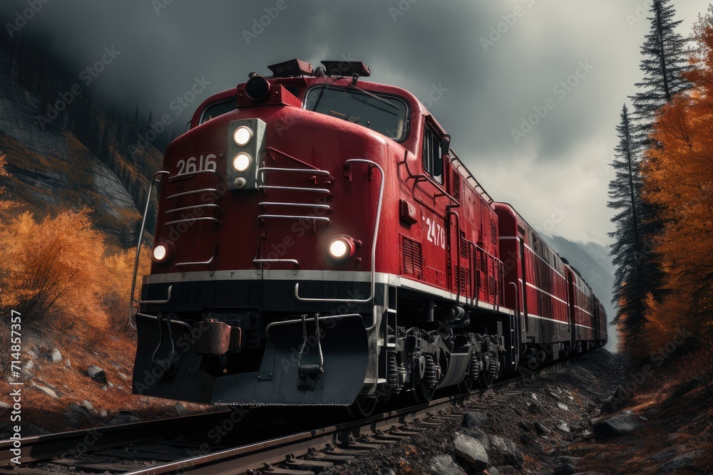 A powerful red locomotive roars through the scenic mountains, its ...