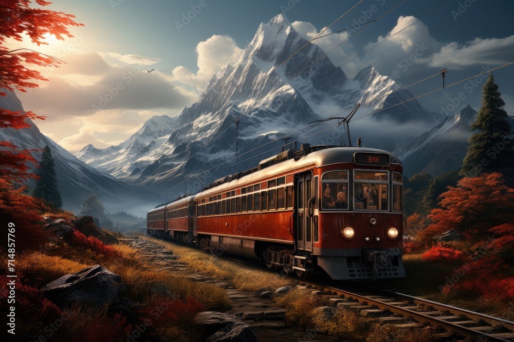 A vibrant red train chugs along the rugged tracks, its passengers ...