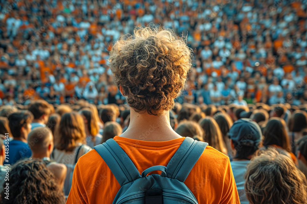 Back view of a male fan in a football stadium with a backpack Stock ...