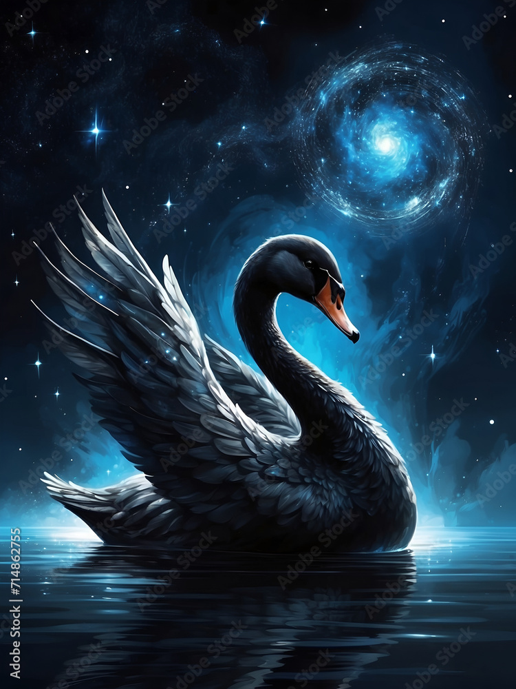 Beautiful black swan lit up by the shimmering night sky Stock ...
