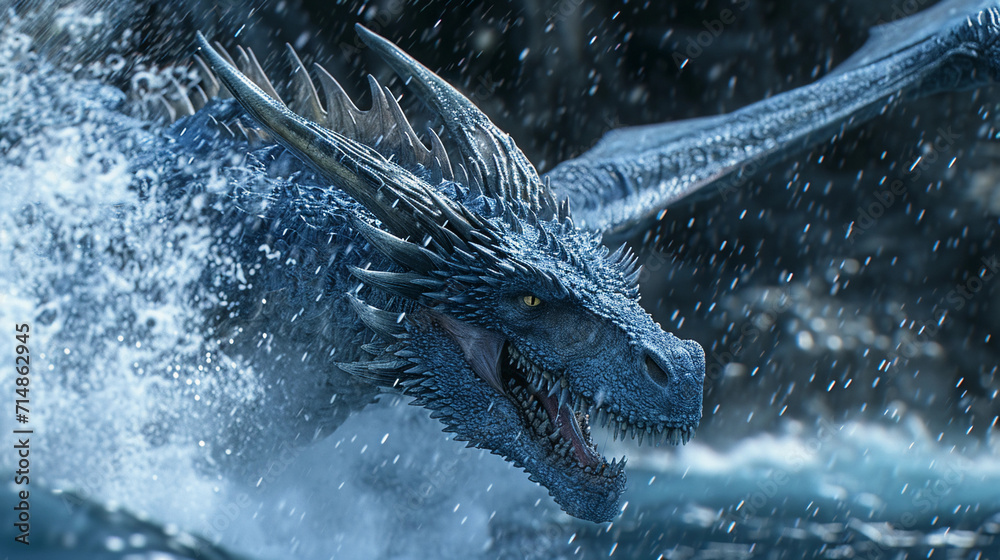 dragon flying over a roaring sea, detailed texture of its scales ...