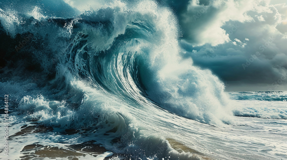 Tsunami wave approaching a coastline, photorealistic depiction of the ...