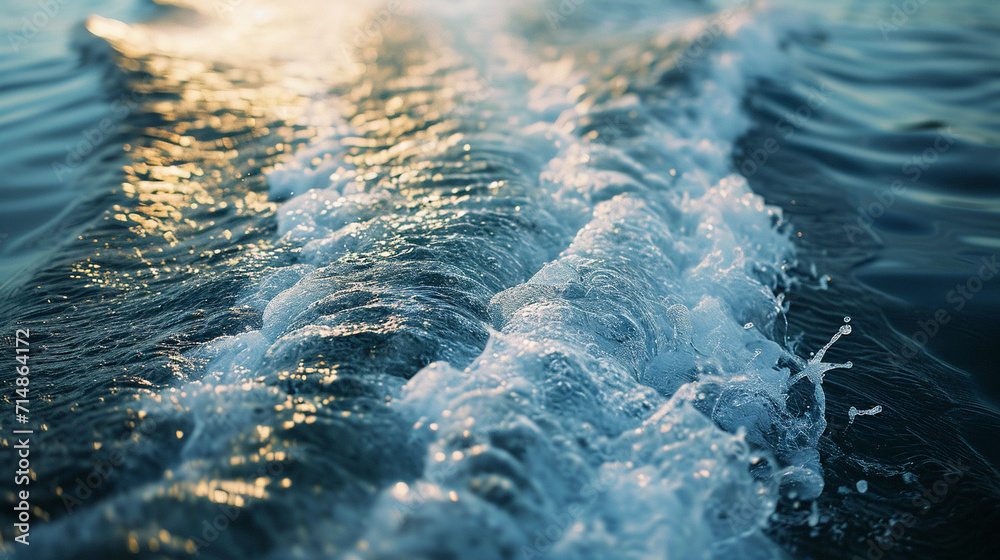 Waves caused by a boat moving through water, realistic depiction of the ...