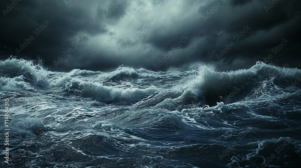 Waves in a stormy sea, showcasing the power and energy, dark ominous ...