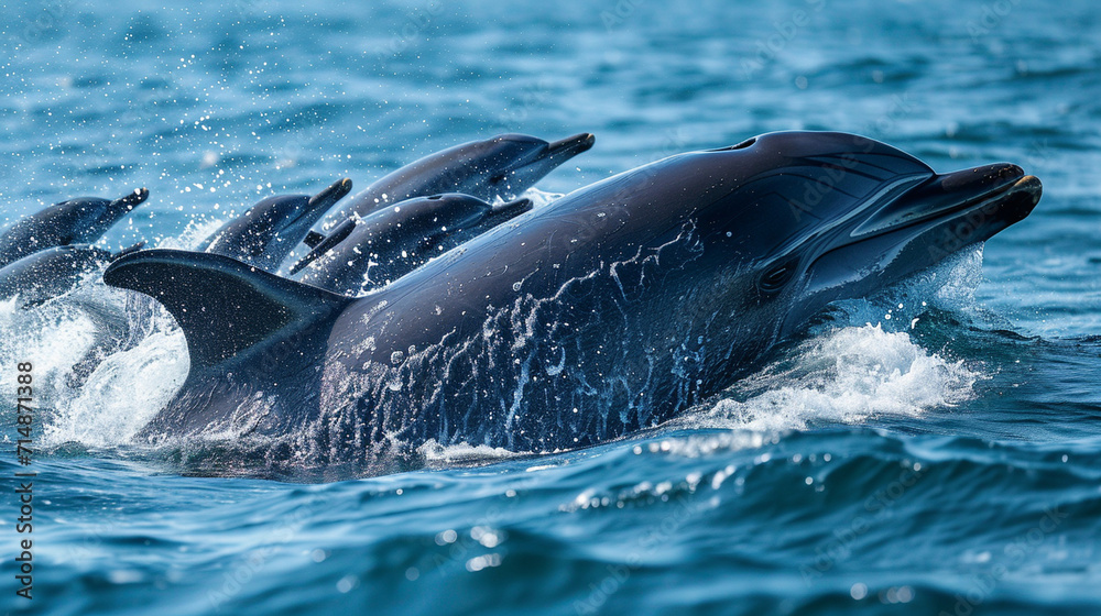 In the open ocean, a pod of playful dolphins rides the wake of a ...