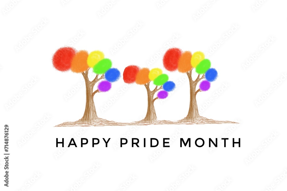Hand drawn picture of rainbow color trees. Happy Pride Month. White ...